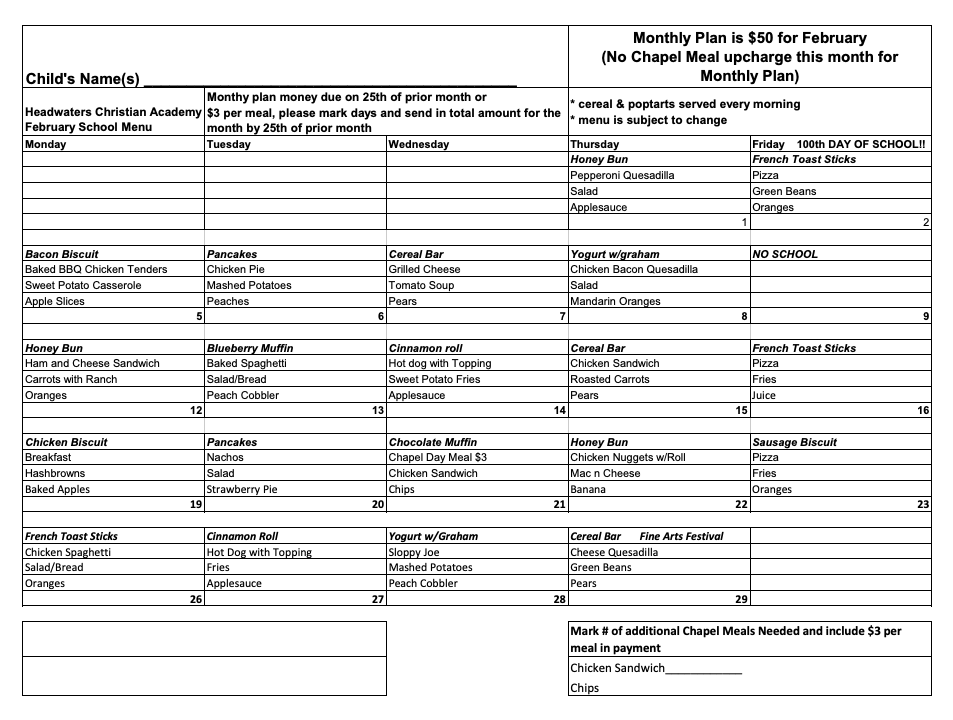 School Menus – Headwaters Academy