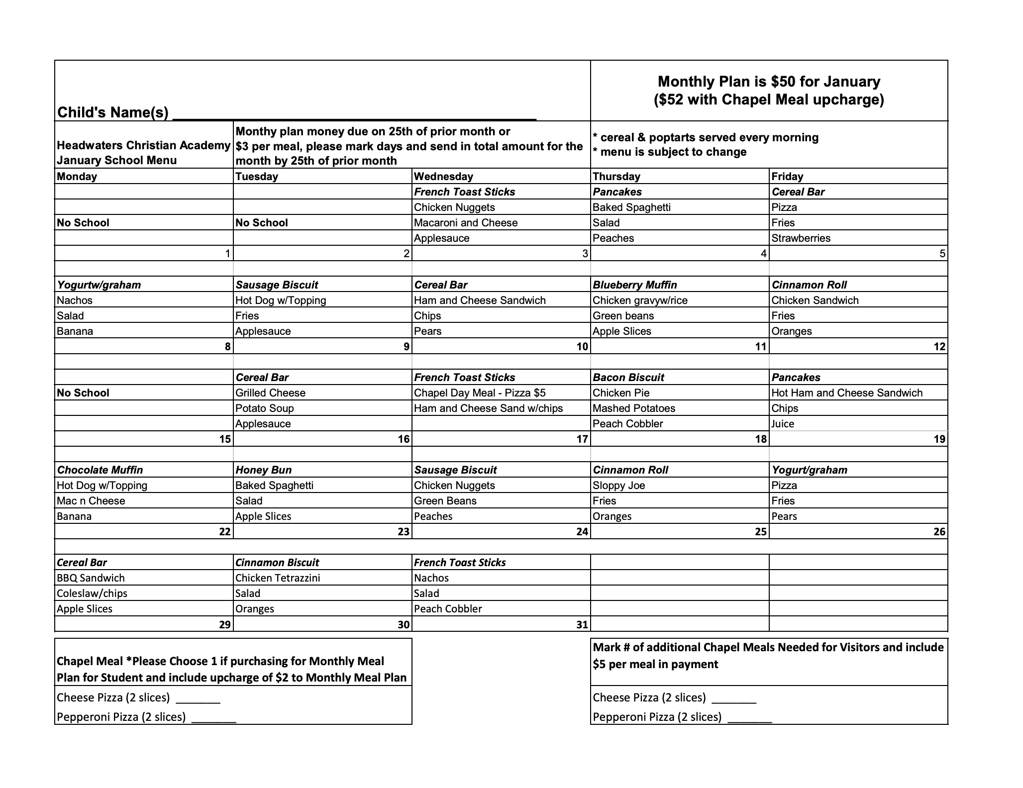 School Menus – Headwaters Academy