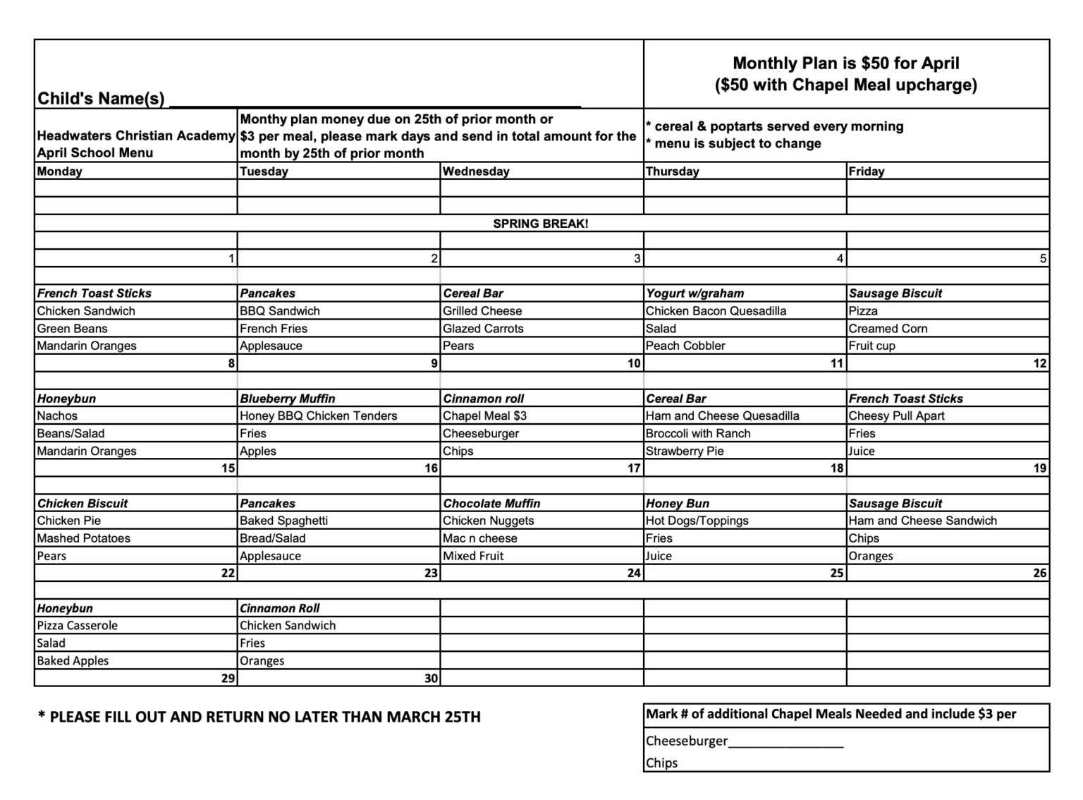 School Menus – Headwaters Academy