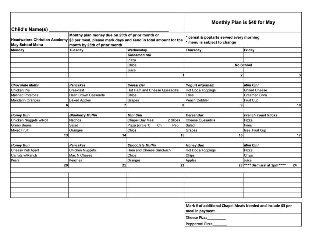 School Menus – Headwaters Academy