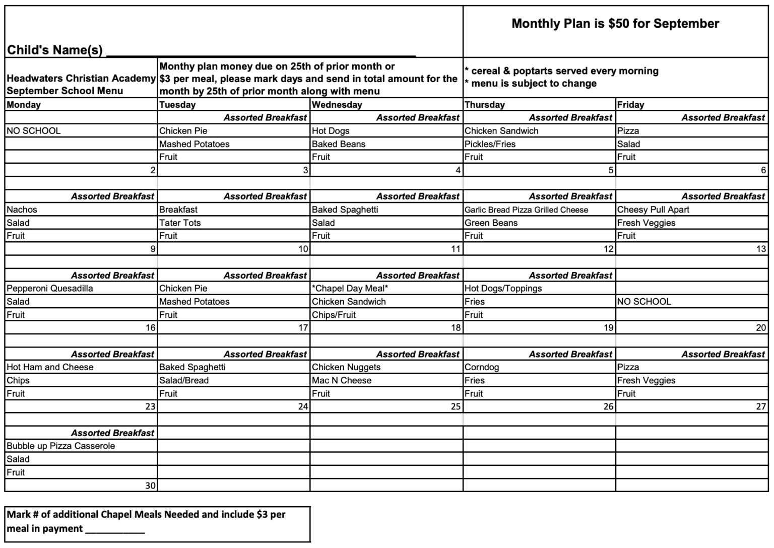 School Menus – Headwaters Academy
