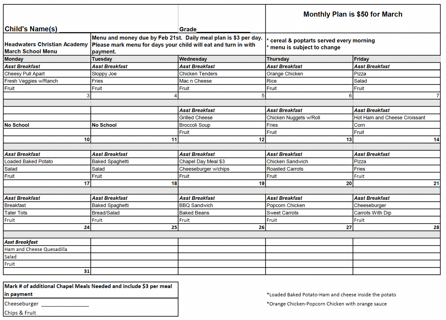 School Menus – Headwaters Academy